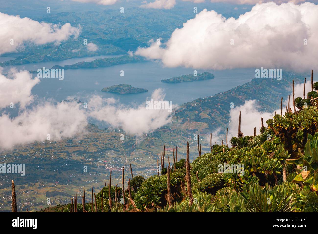 Aerial view of Lake Burera in Rwanda seen from Mount Muhabura in ...
