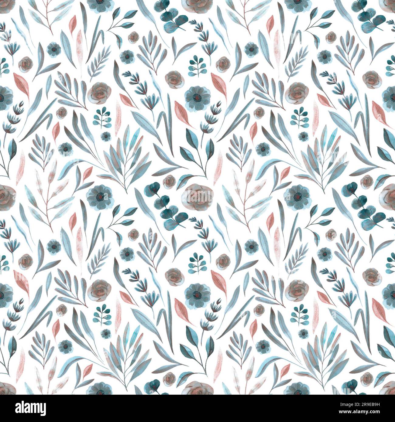 Hand drawn watercolor grey, blue and copper flowers and leaves seamless ...