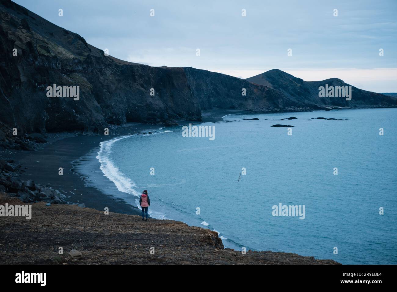 Landscape image with a dramatic view of a black sand beach and the ...