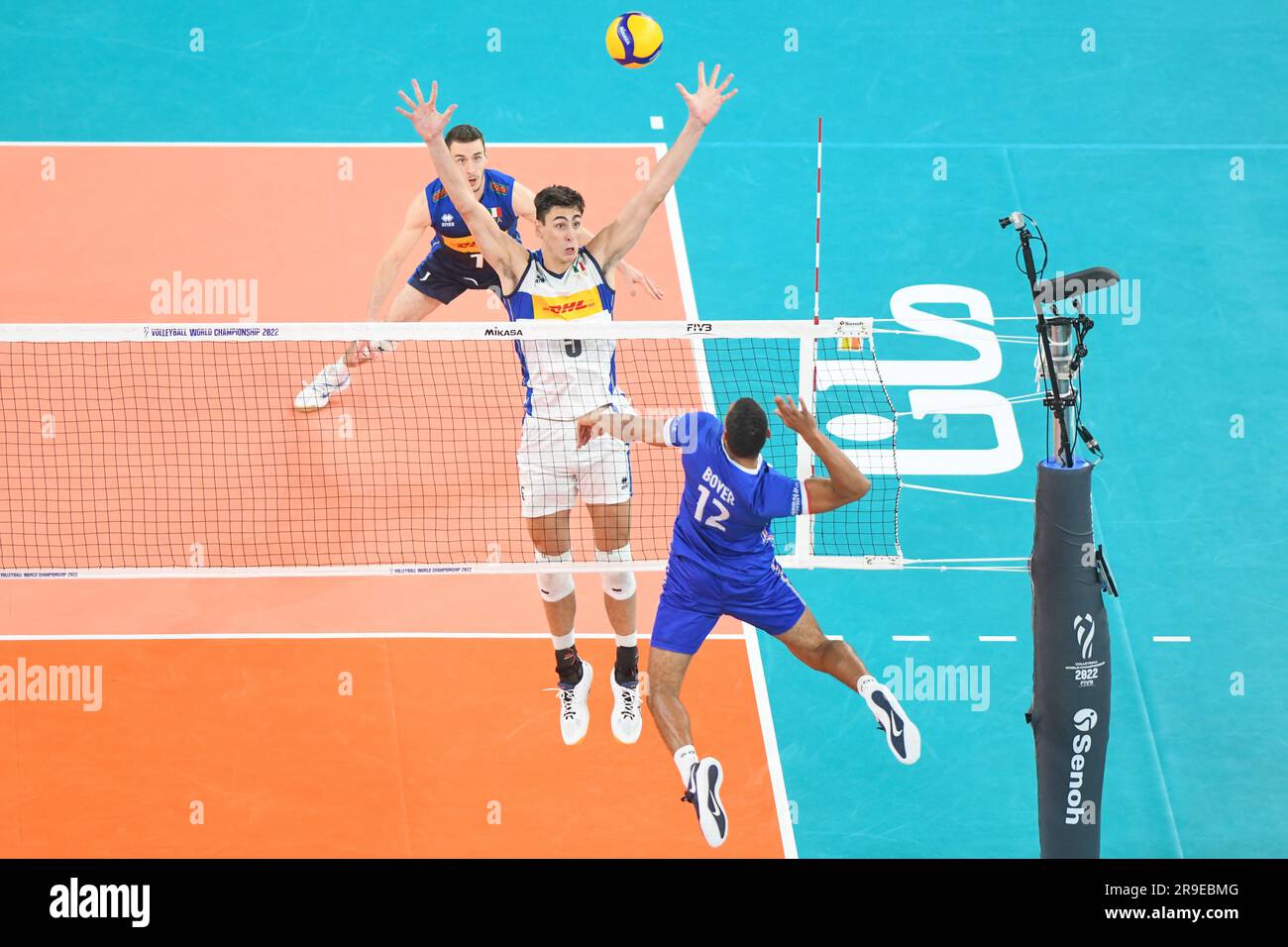 Alessandro Michieletto blocking Stephen Boyer (France). Volleyball ...