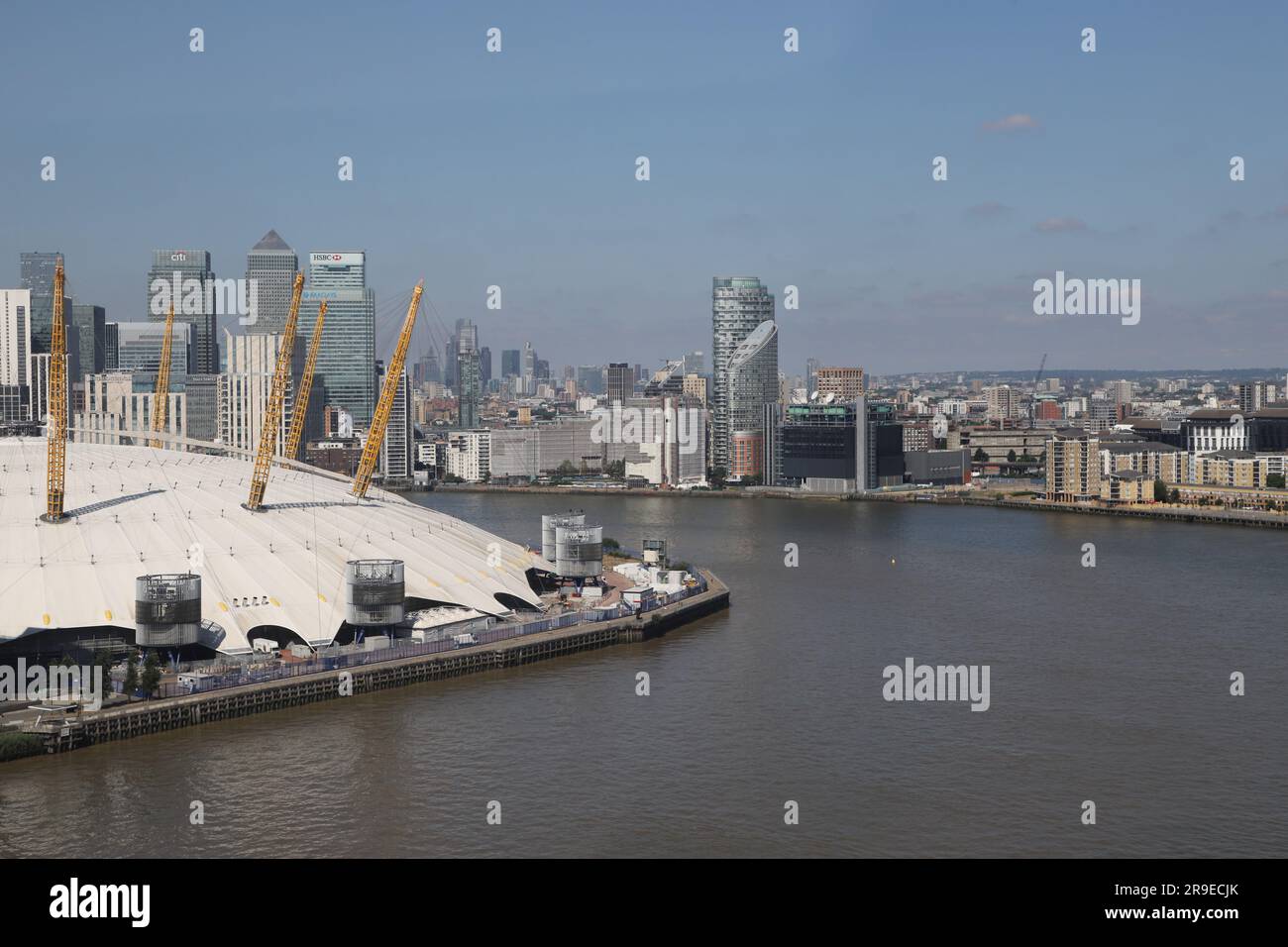 Elevated view of the O2 and London docklands skyline July 2022 Stock ...
