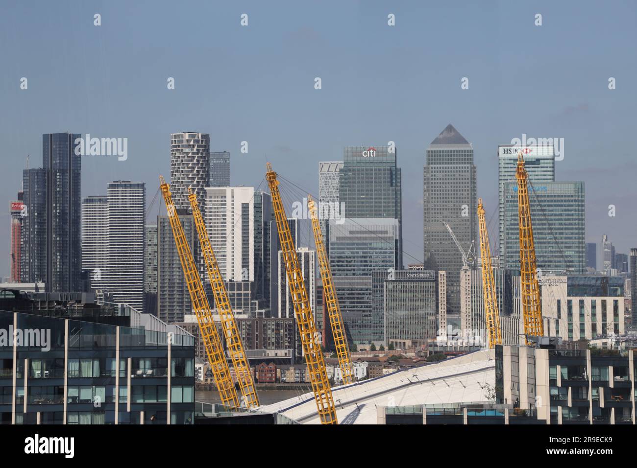 Elevated view of the O2 and London docklands skyline July 2022 Stock ...