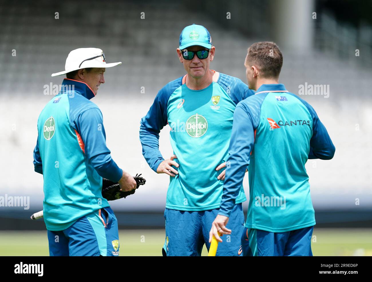 Australia head coach Andrew McDonald (centre) during a nets session at ...