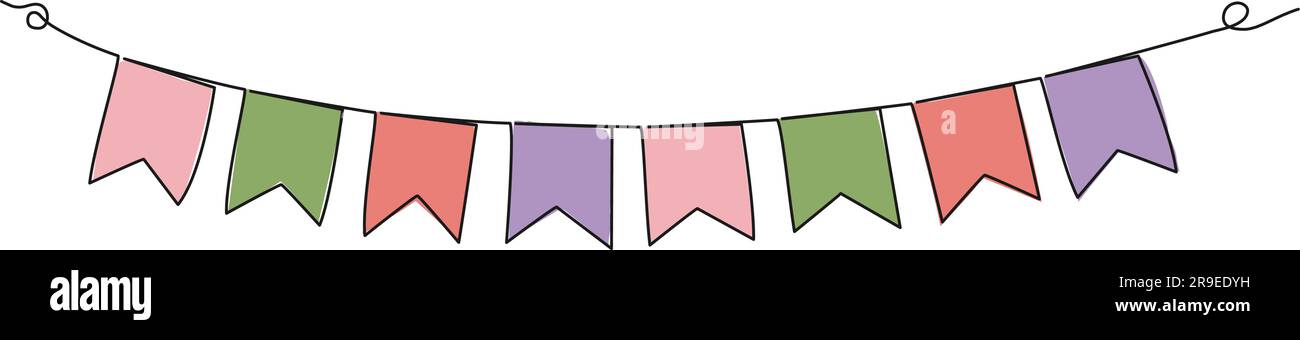 continuous single line drawing of bunting garland, pastel colored ...