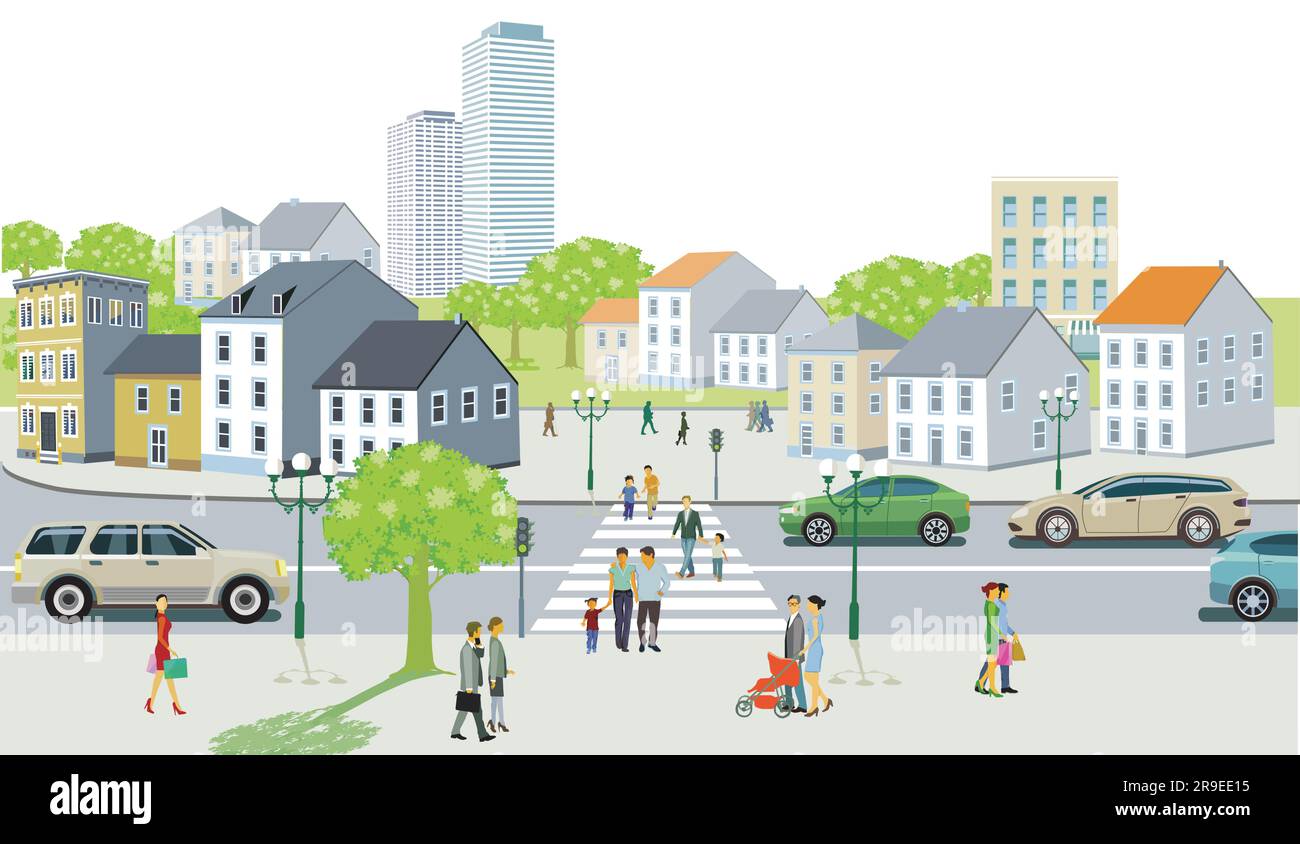 Road traffic with pedestrians and road traffic, , illustration Stock ...