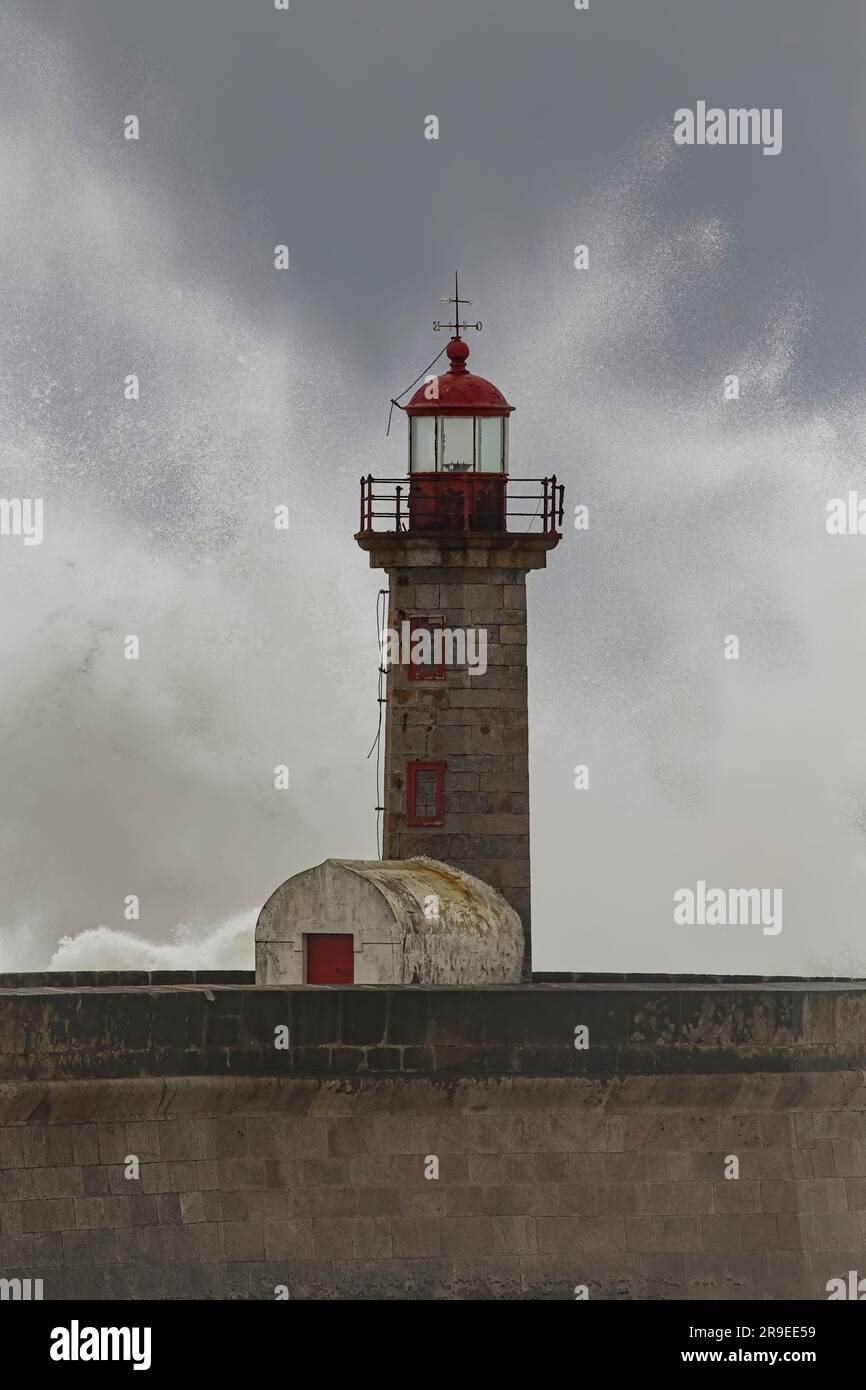 Big wave splash in the old lighthouse. Northern portuguese coast Stock ...