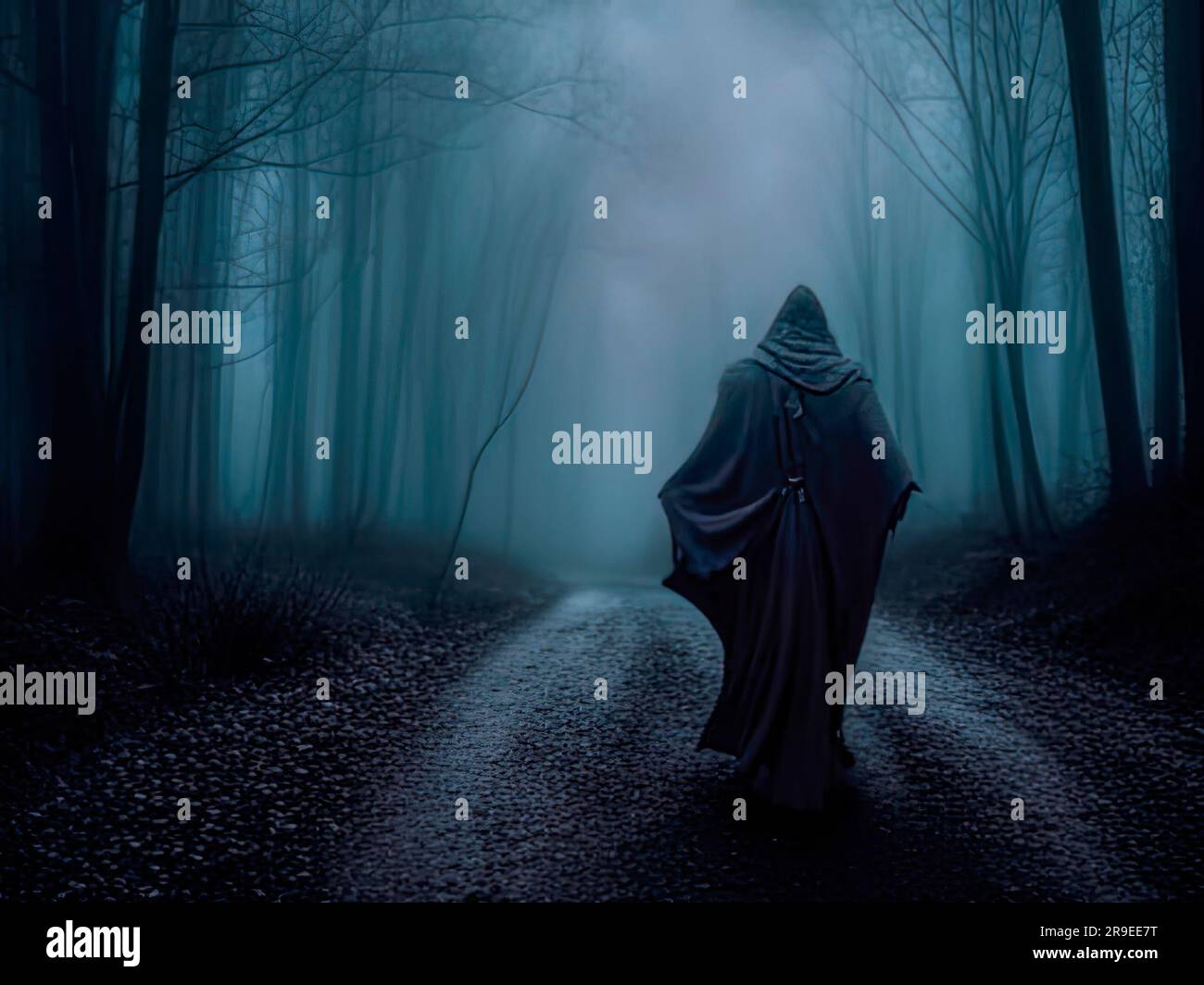 Intriguing figure in a forest path on a spooky misty full moon night ...