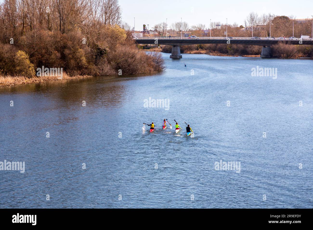 Canoeists paddling through the Tormes River in Salamanca, Castile and ...