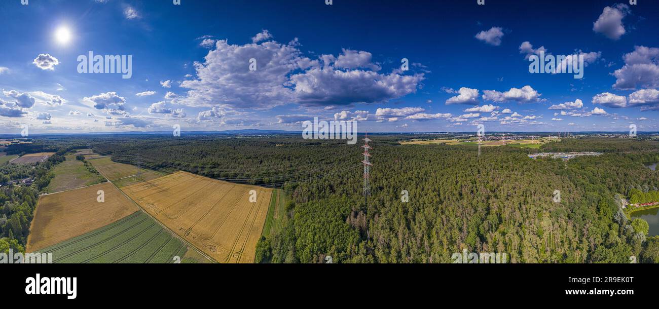 Aerial panoramic picture of a high voltage power line in forest area in ...