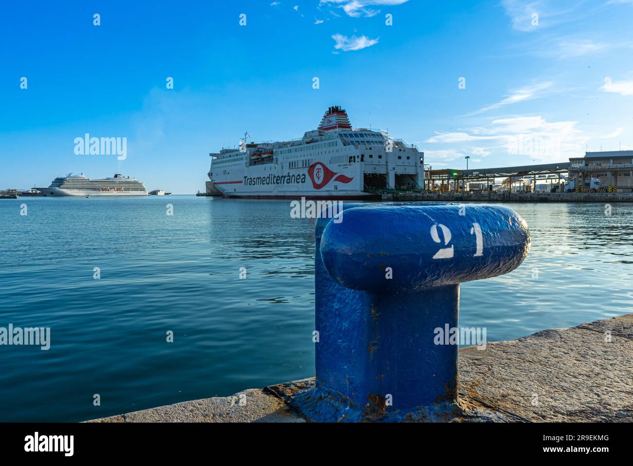 MALAGA, SPAIN - JANUARY 14, 2023: Mooring bollard on ferry background ...