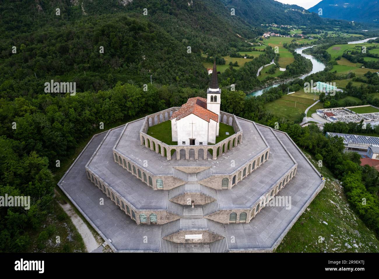 Drone view of St Anton Church and Kobarid Ossuary in Slovenia ...