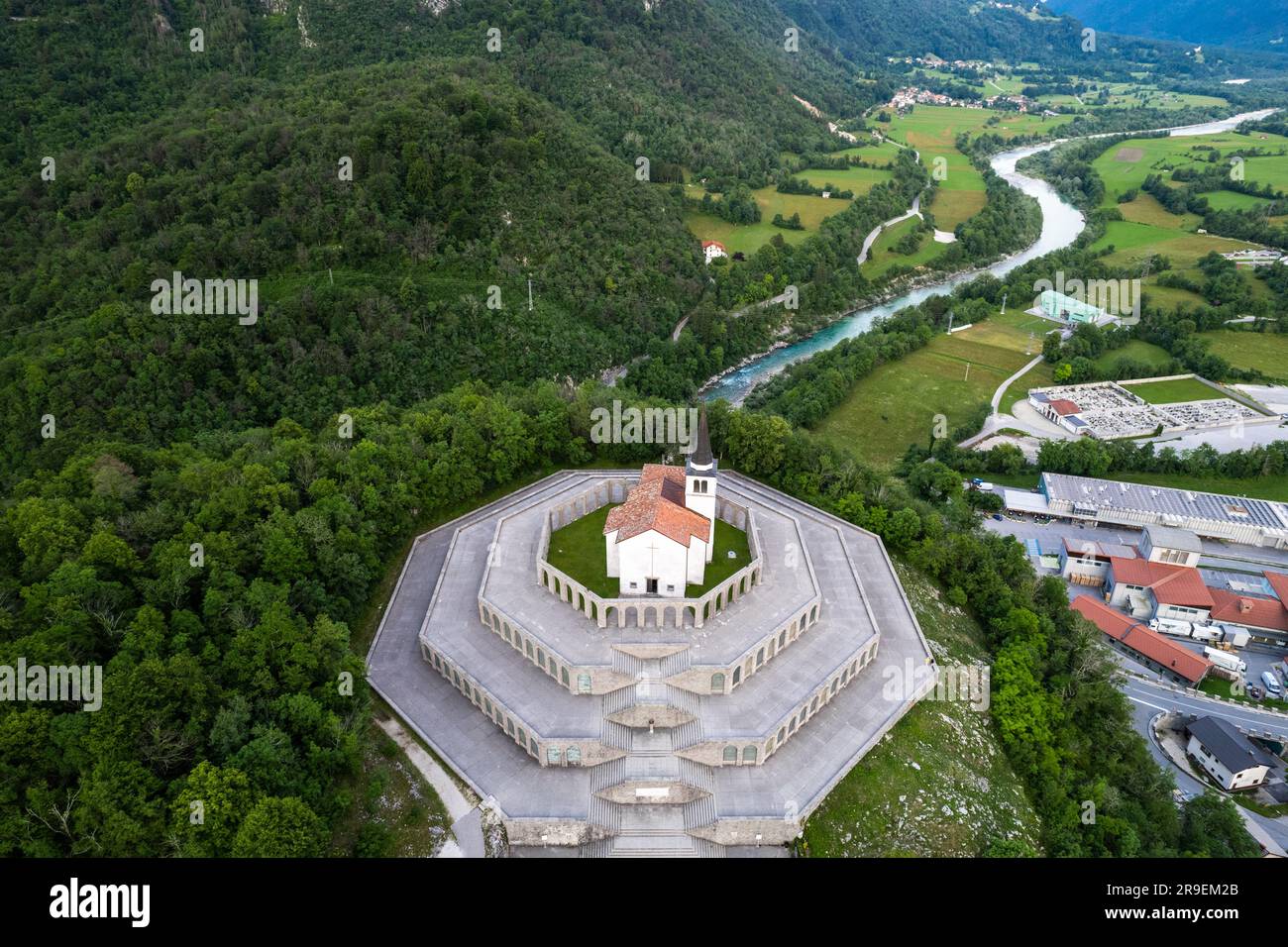 Drone view of St Anton Church and Kobarid Ossuary in Slovenia ...
