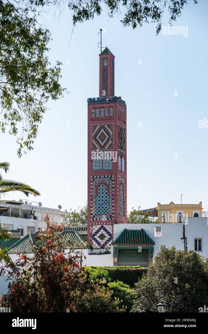 Colorful minaret of the Sidi Bou Abib mosque in downtown Tangier ...