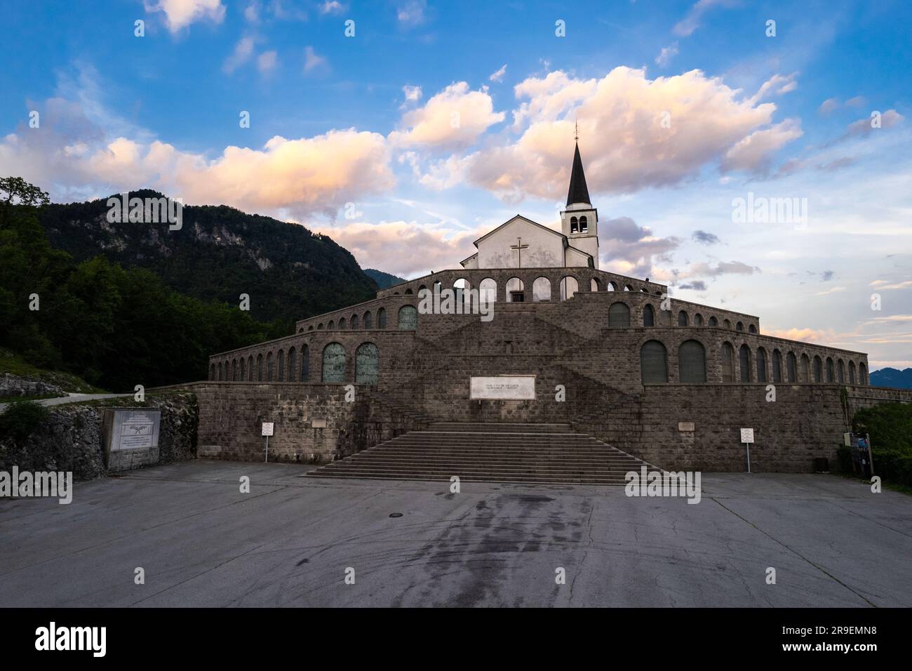 Drone view of St Anton Church and Kobarid Ossuary in Slovenia ...