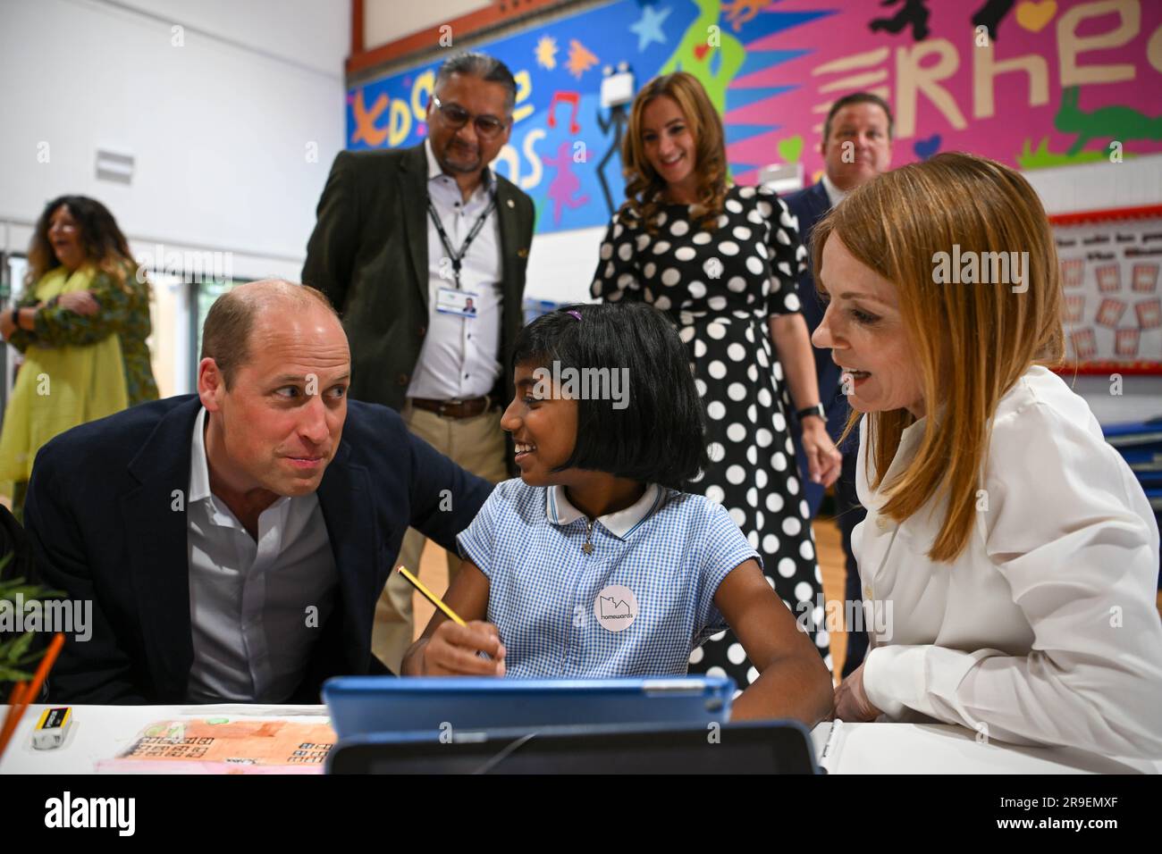 The Prince of Wales and Geri Horner during a visit to Maindee Primary School in Newport ...