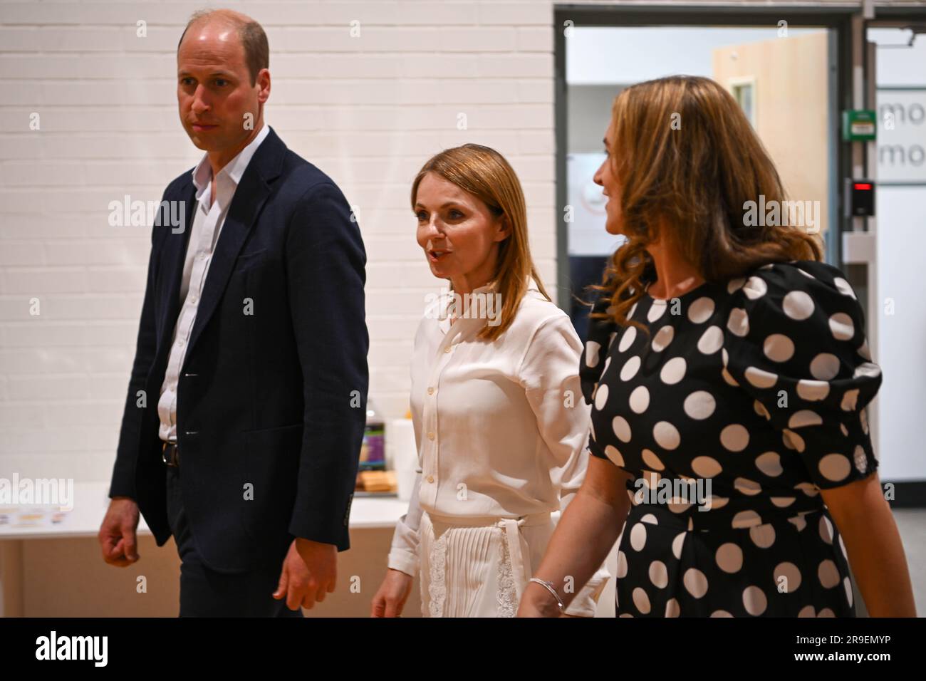 The Prince of Wales and Geri Horner (centre) during a visit to Maindee Primary School in Newport ...