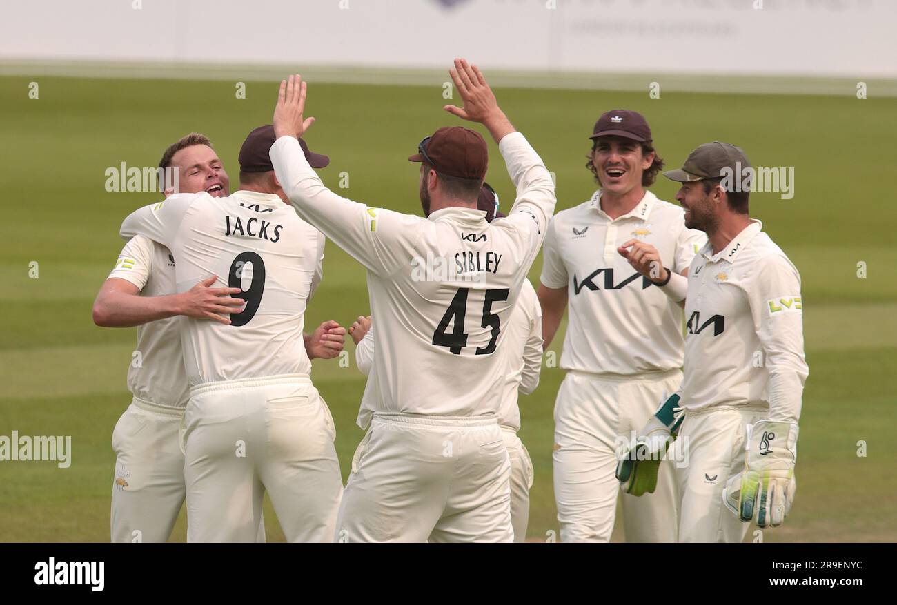 London, UK. 26th June, 2023. Surrey's Sam Curran celebrates with team ...