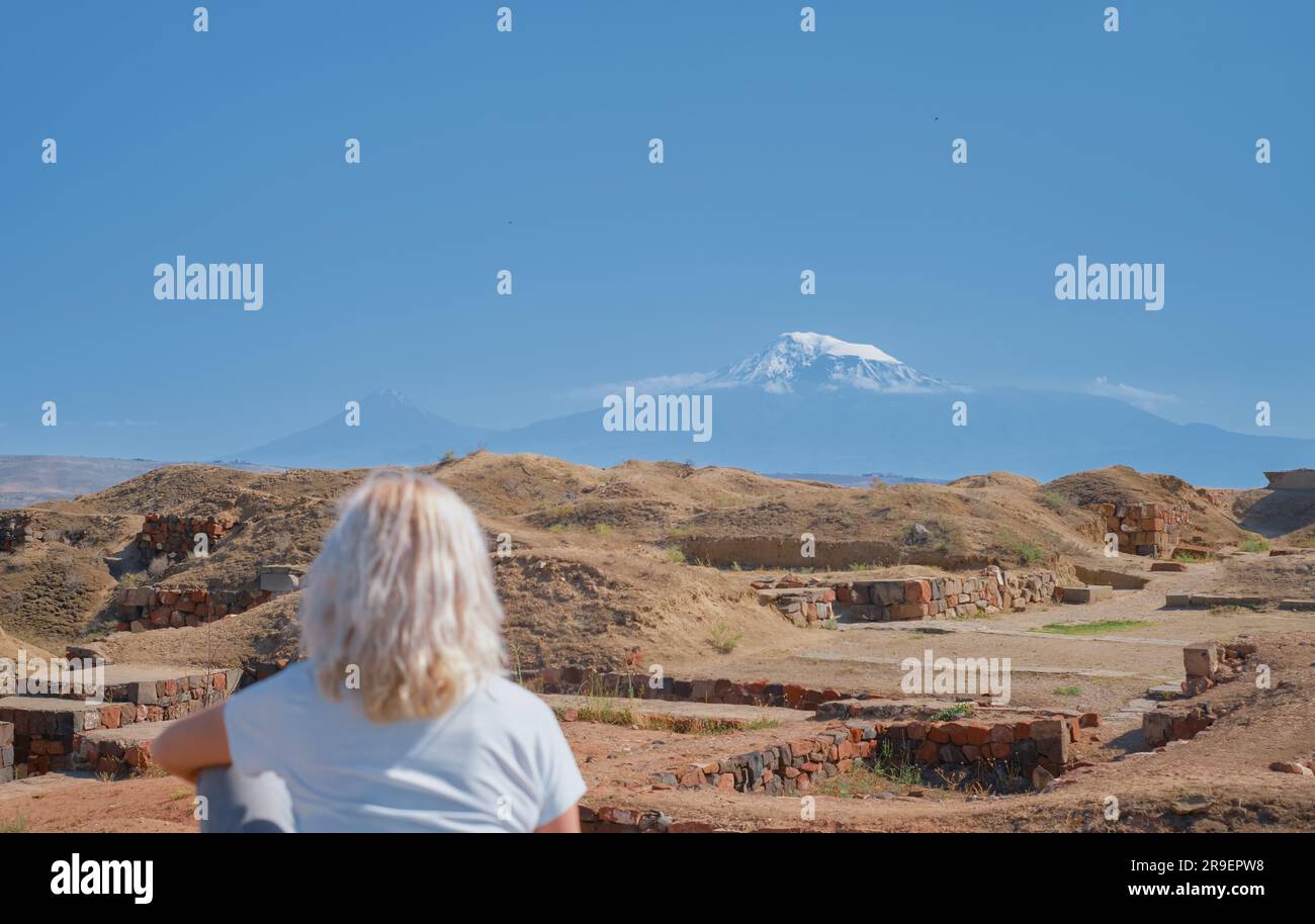 View from Arin Berd hill and Erebuni fortress to the majestic peak of ...