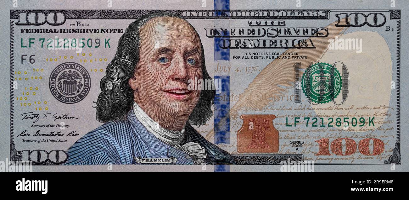 Benjamin Franklin smiling on 100 dollar banknote for design purpose ...
