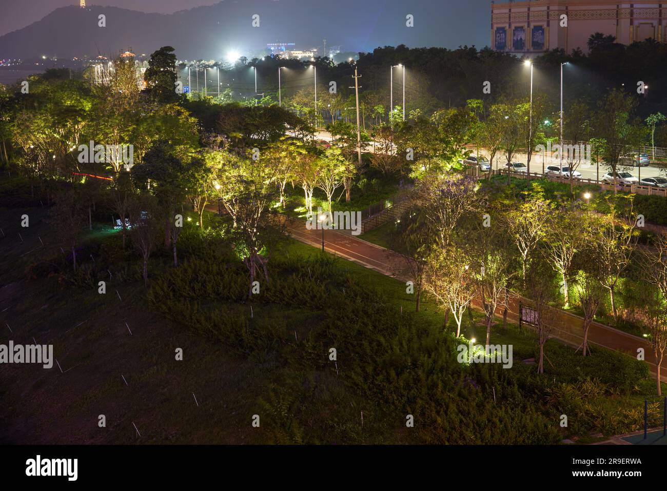 Night view of the jogging track in the city's riverside park Stock ...