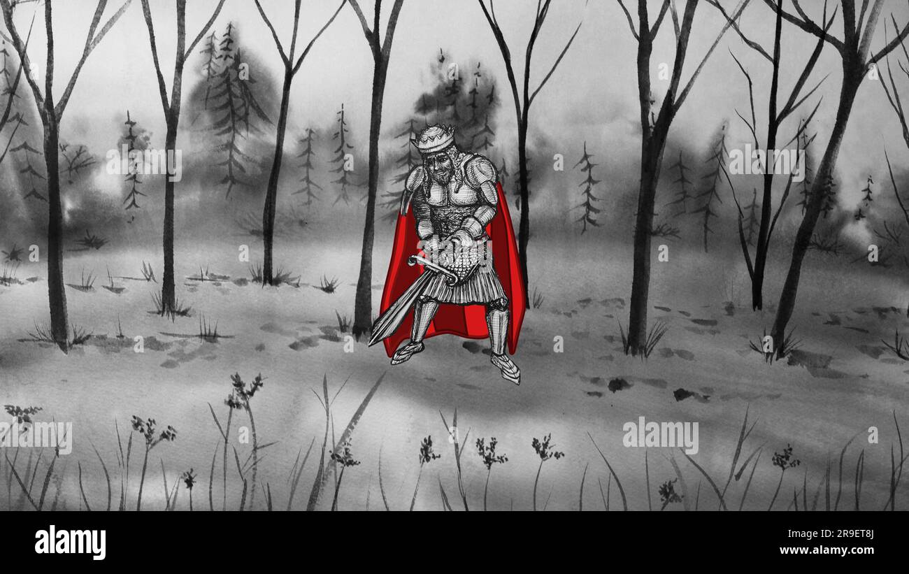 King Arthur standing in the forest Medieval Fairytale illustration ...