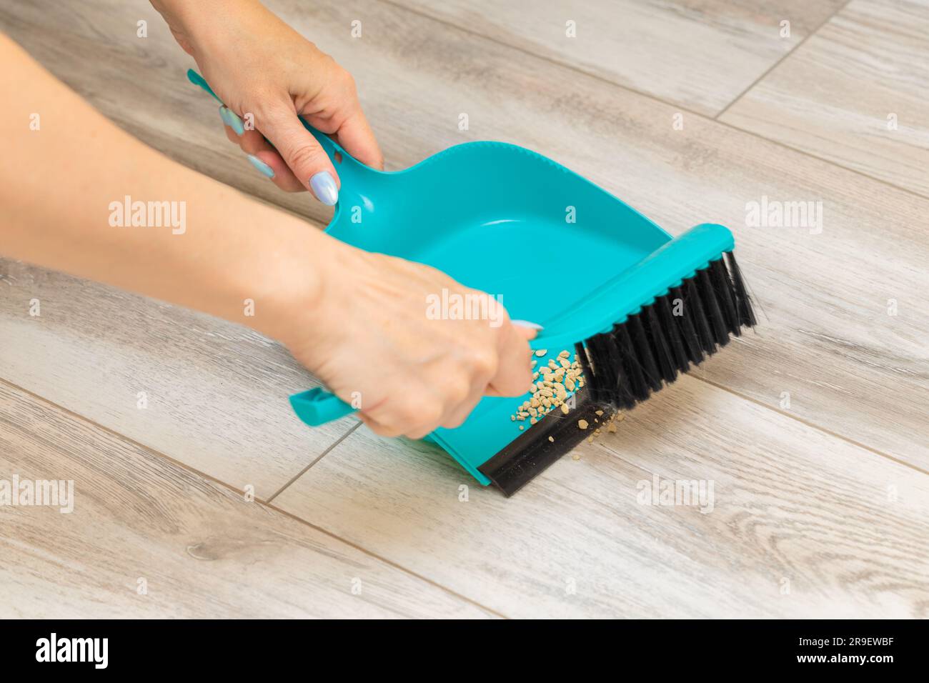woman sweeping garbage into a plastic dustpan. garbage collection at ...