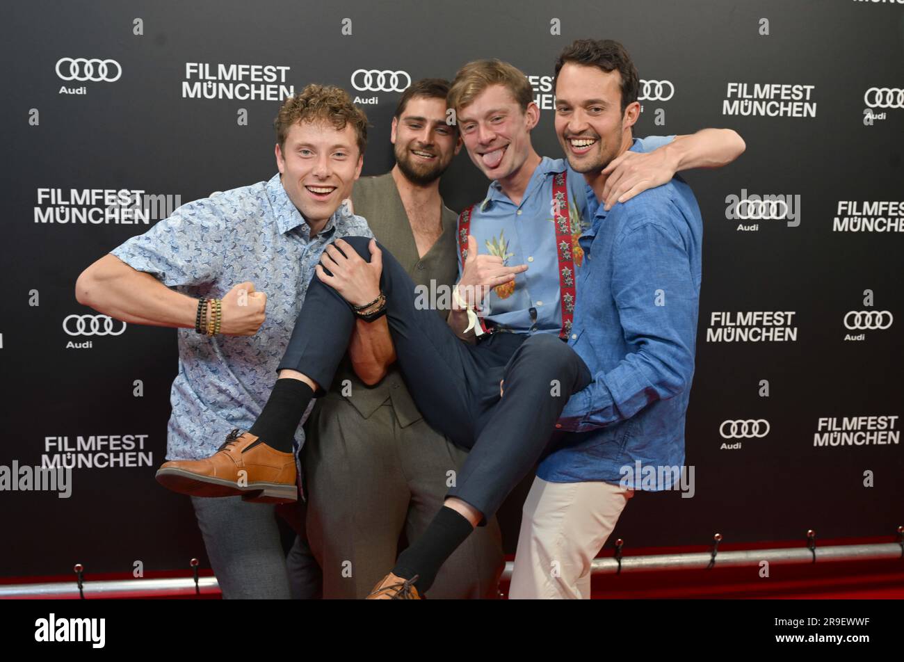 26 June 2023, Bavaria, Munich: Actors Jan-David Bürger, Markus Krojer, Paul Wellenhof and Moritz ...