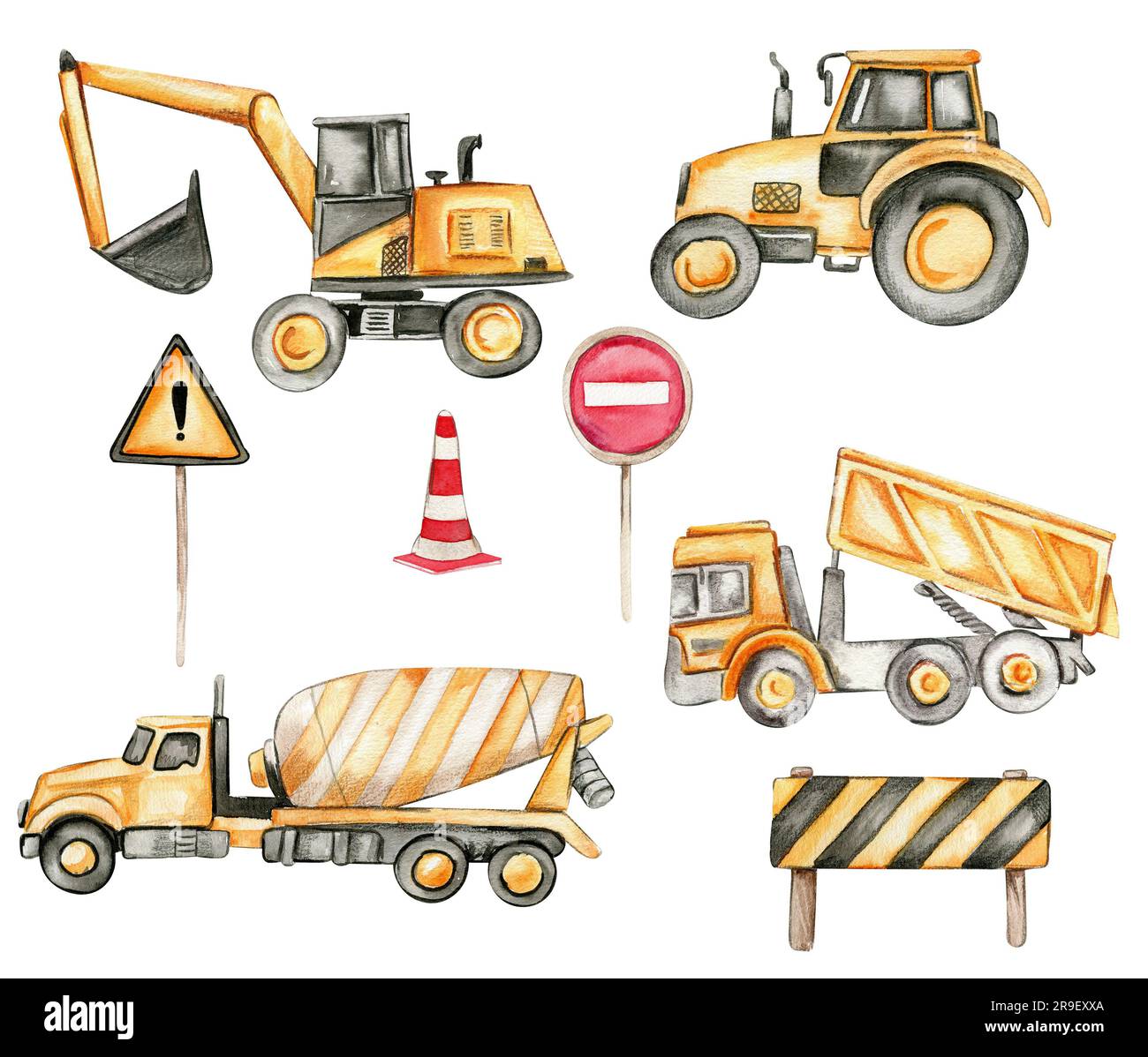 Road signs, yellow concrete mixer, tractor, truck and excavator ...