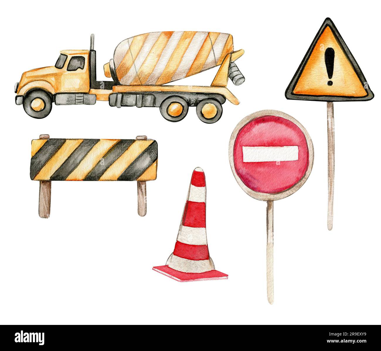 Road signsand yellow concrete mixer. Watercolor hand drawn illustration ...