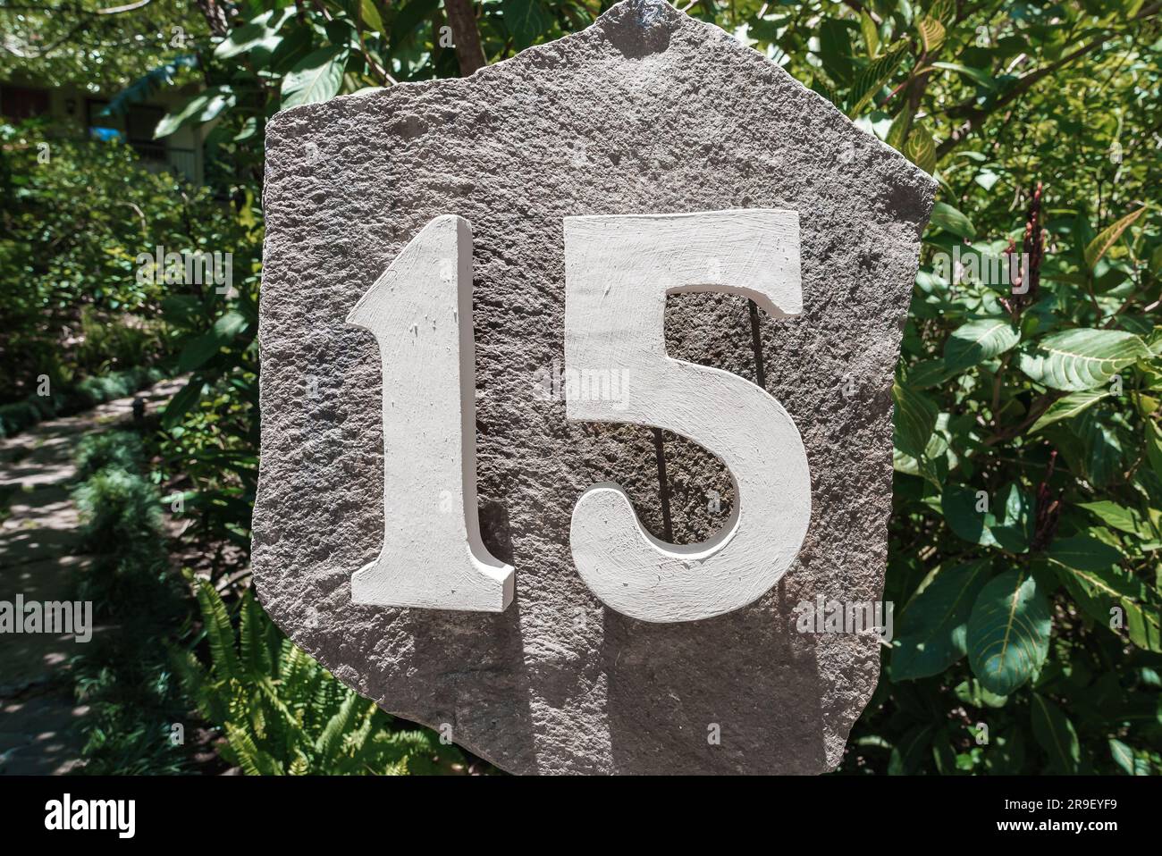 House number 15 installed on a big rock in the garden of residence ...