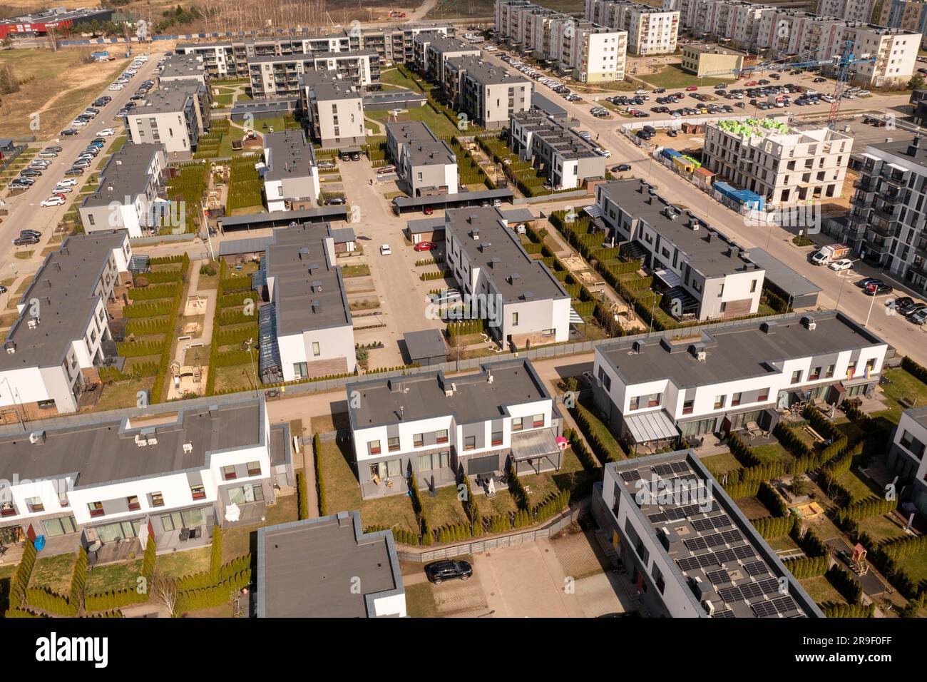 Drone photography of new housing spread in suburbs. High angle view ...