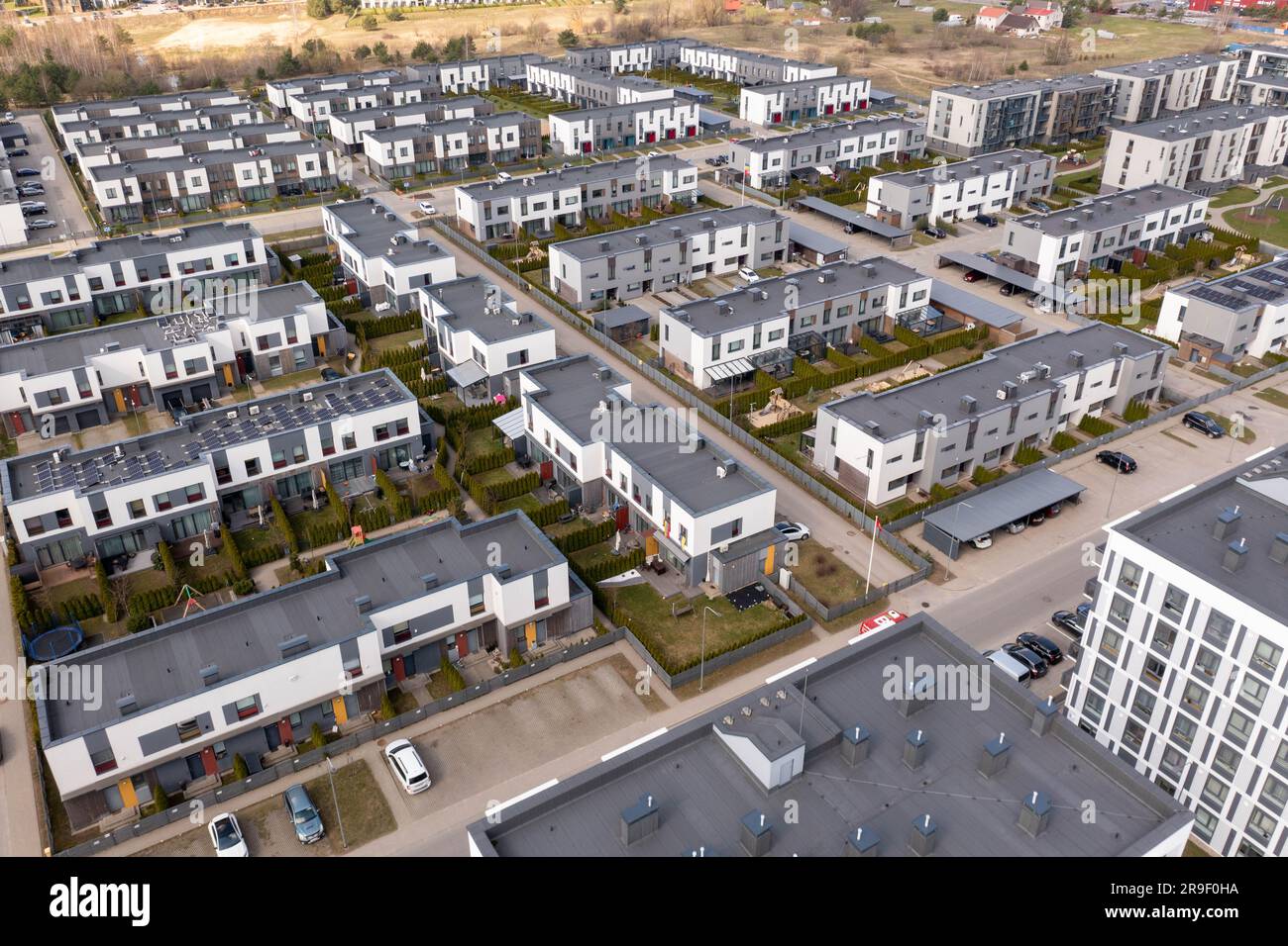 Drone photography of new housing spread in suburbs. High angle view ...