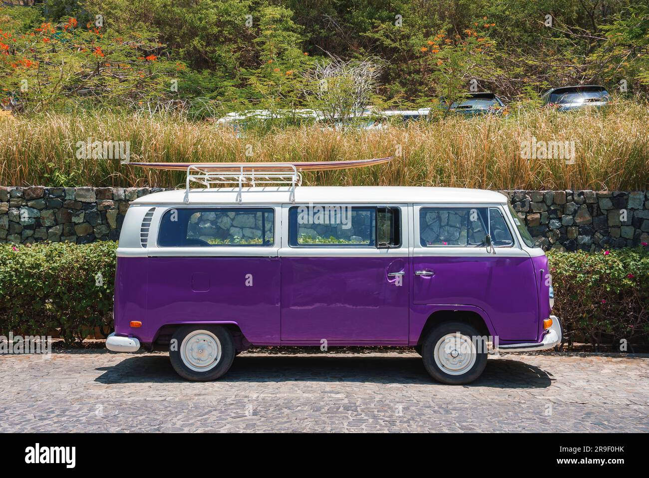 Classic parked van with surfboard on rack Stock Photo - Alamy