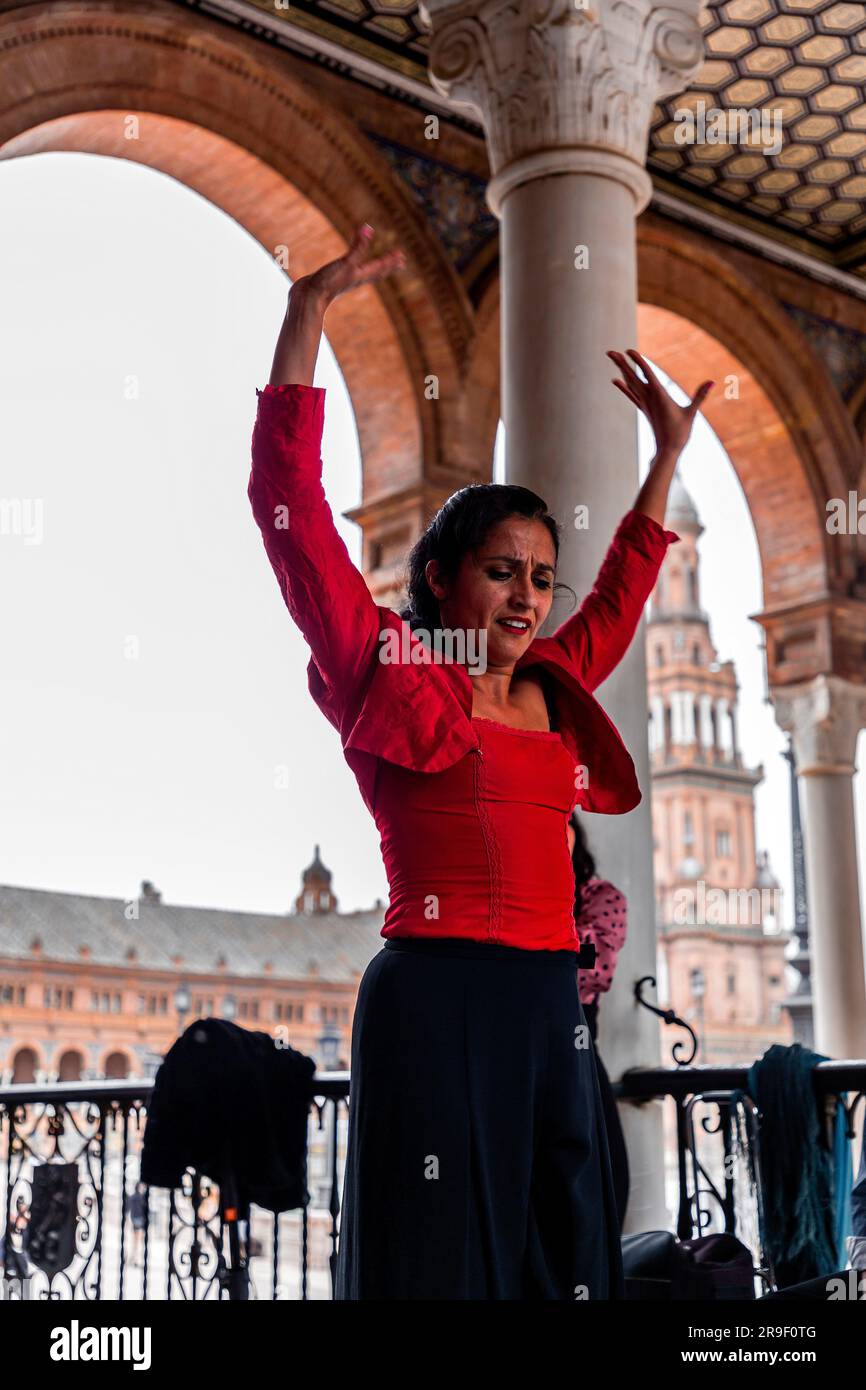 Seville, Spain - Feb 24, 2022: Street artist performing flameco art ...