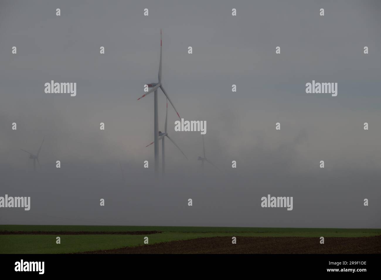 A wind turbine farm hidden in a morning fog Stock Photo - Alamy
