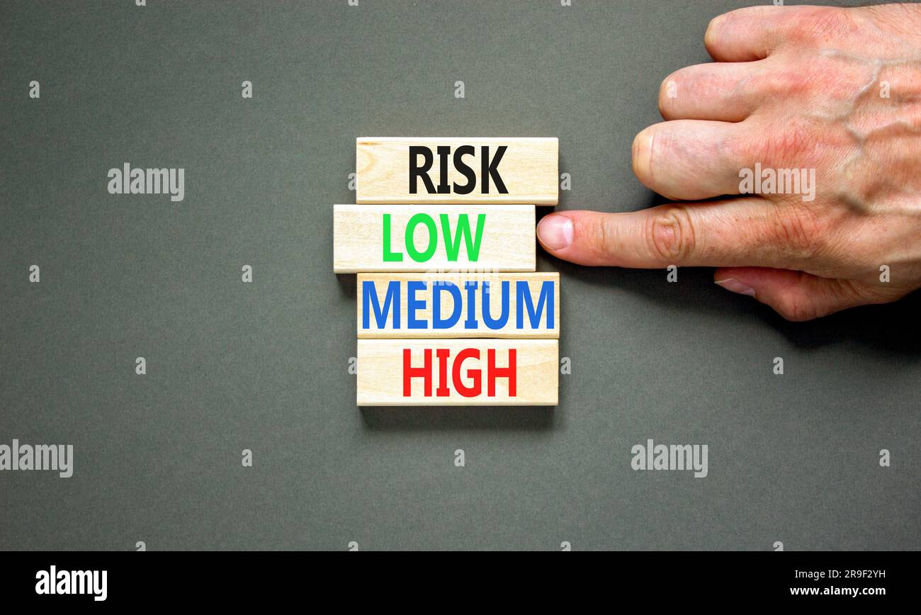 Time to low risk symbol. Concept word Risk low medium high on wooden ...