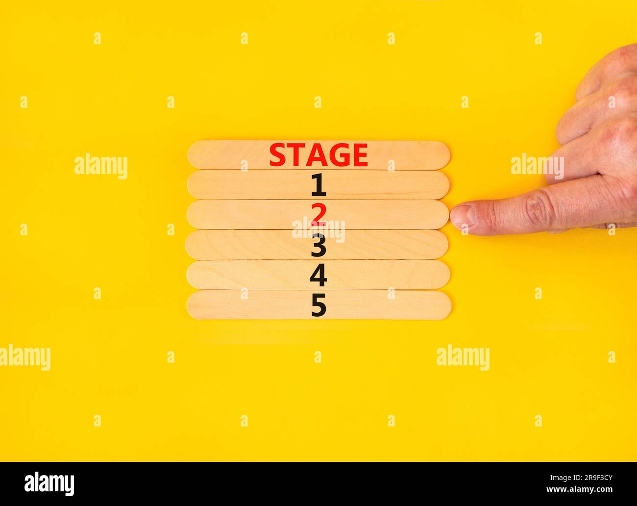 Time to stage 2 symbol. Concept word Stage 1 2 3 4 5 on wooden sticks ...
