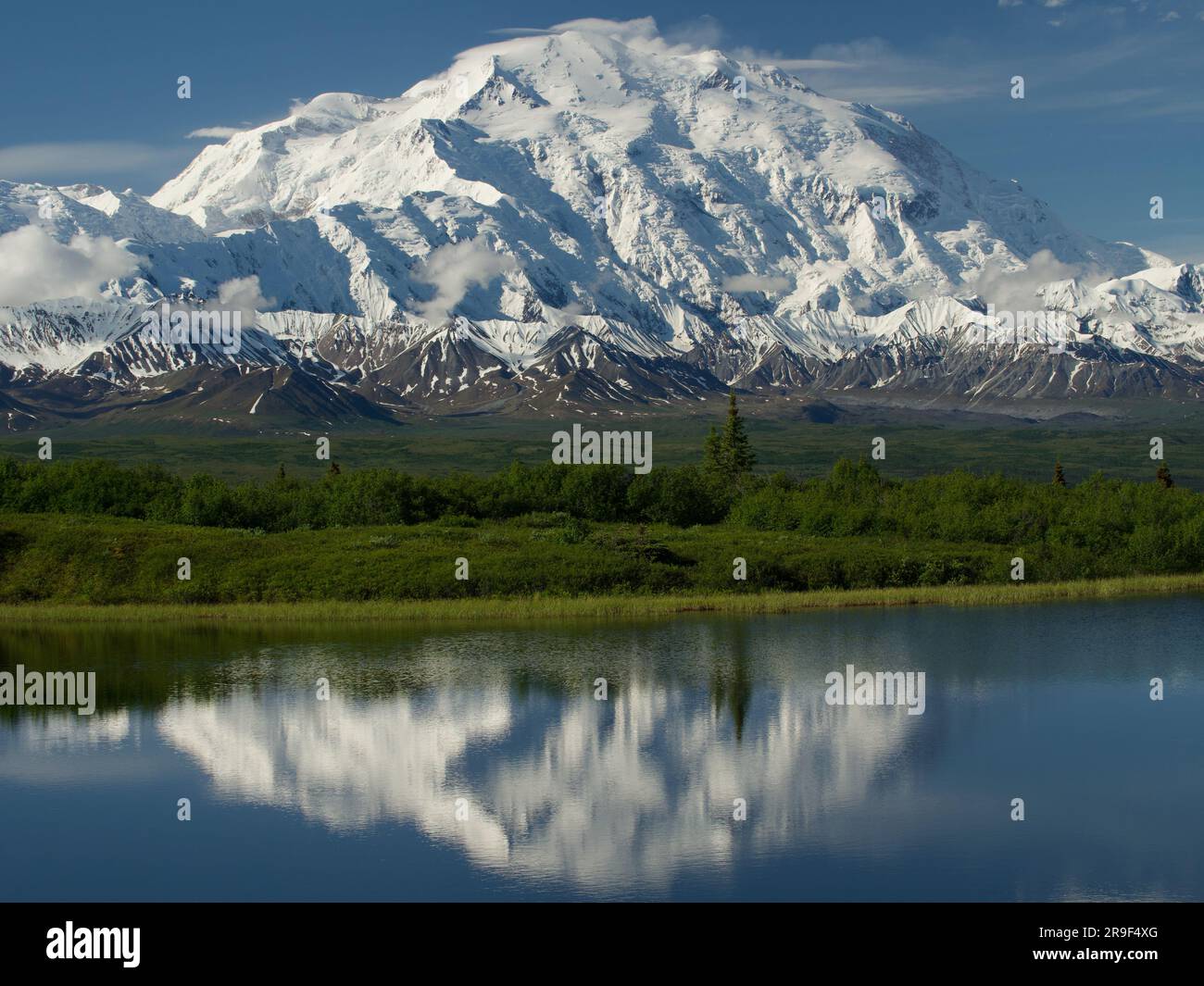 Denali with lake reflection on a clear day Stock Photo - Alamy