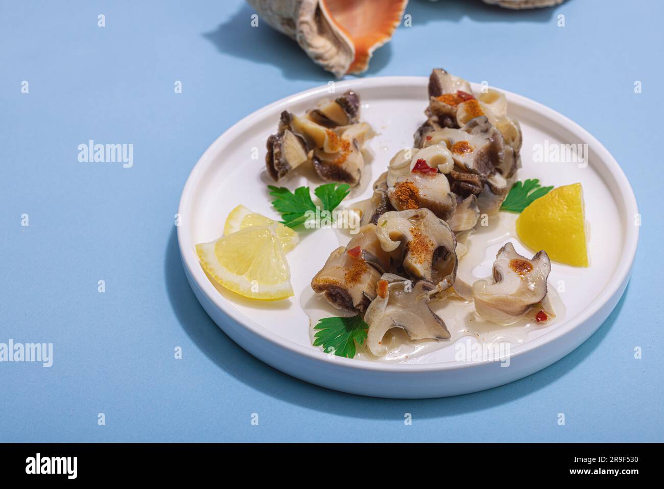 Pickled rapan meat with oil, spices and greens. Healthy seafood rich of ...