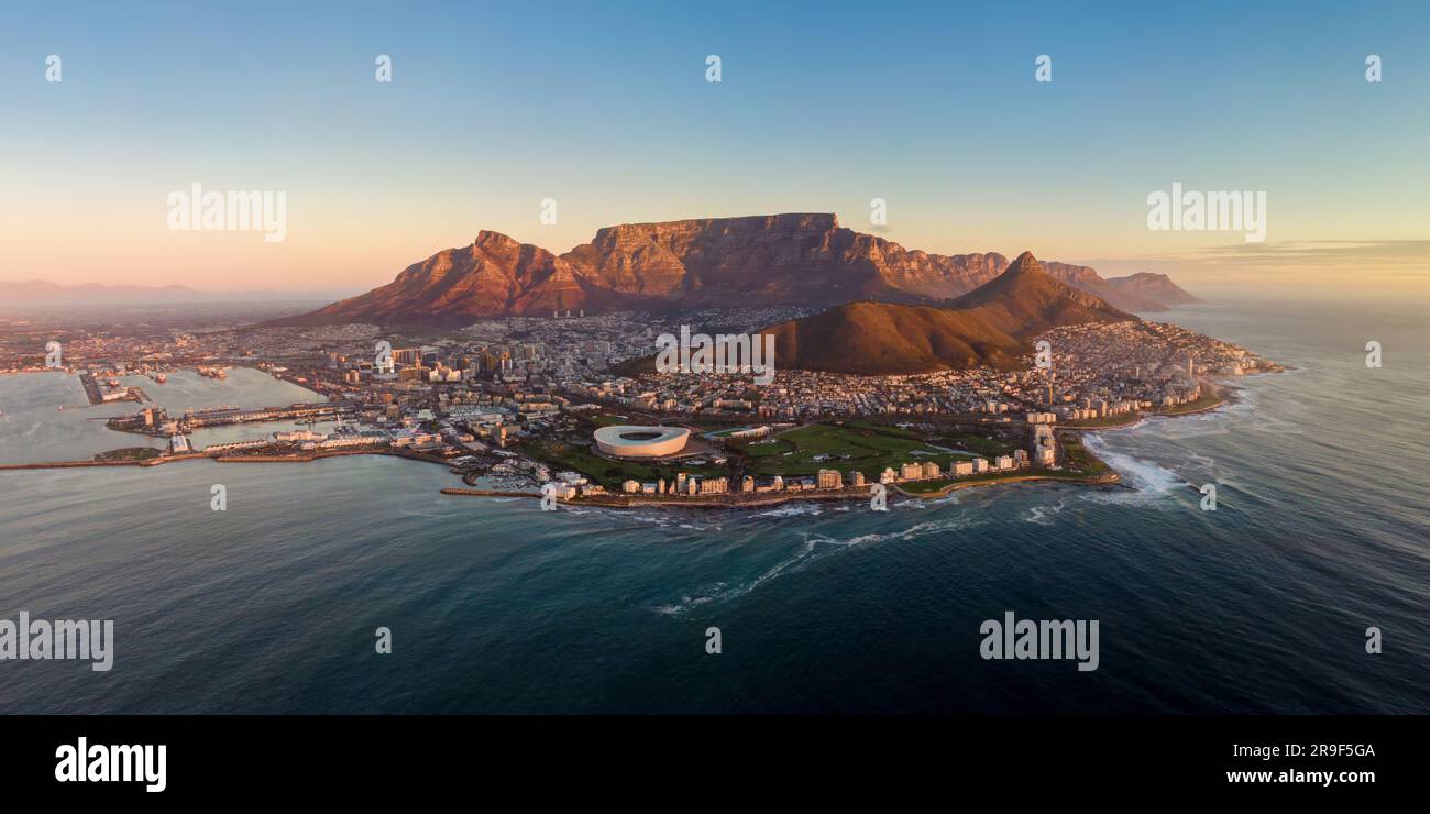 Aerial panoramic view of Cape Town at sunset, Western Cape Province ...