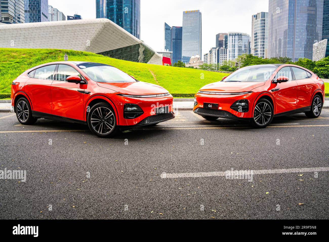An XPeng G6 Performance SUV car outside the Guangzhou Opera House ...
