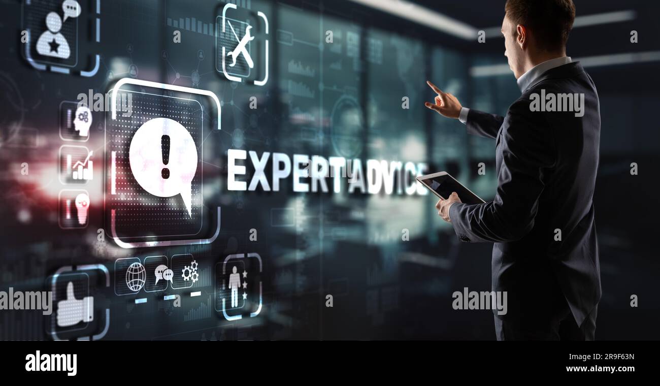 Expert advice. Businessman hand touching inscription on virtual screen ...