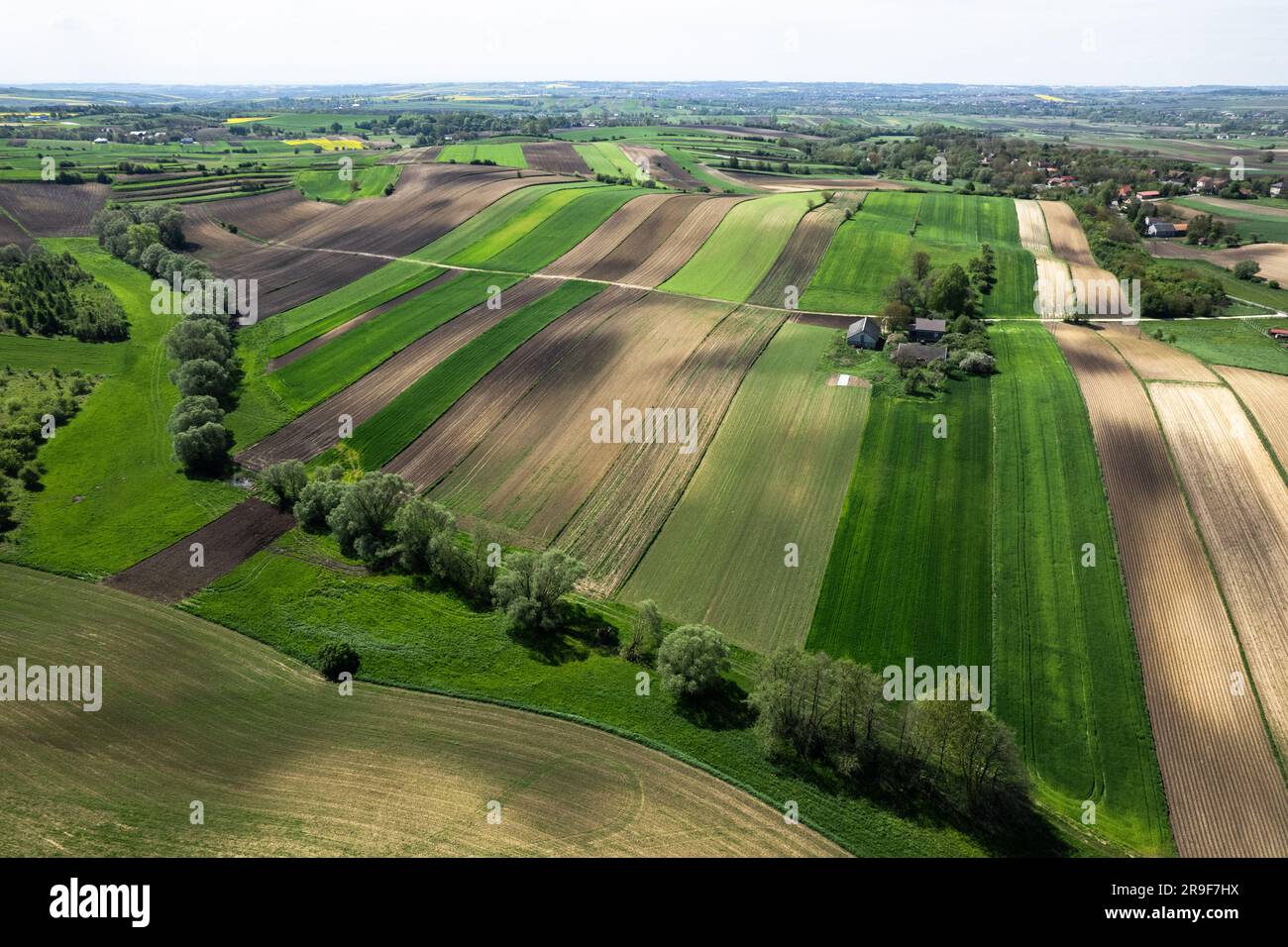 Colorful patterns in crop fields at farmland, aerial view, drone photo ...