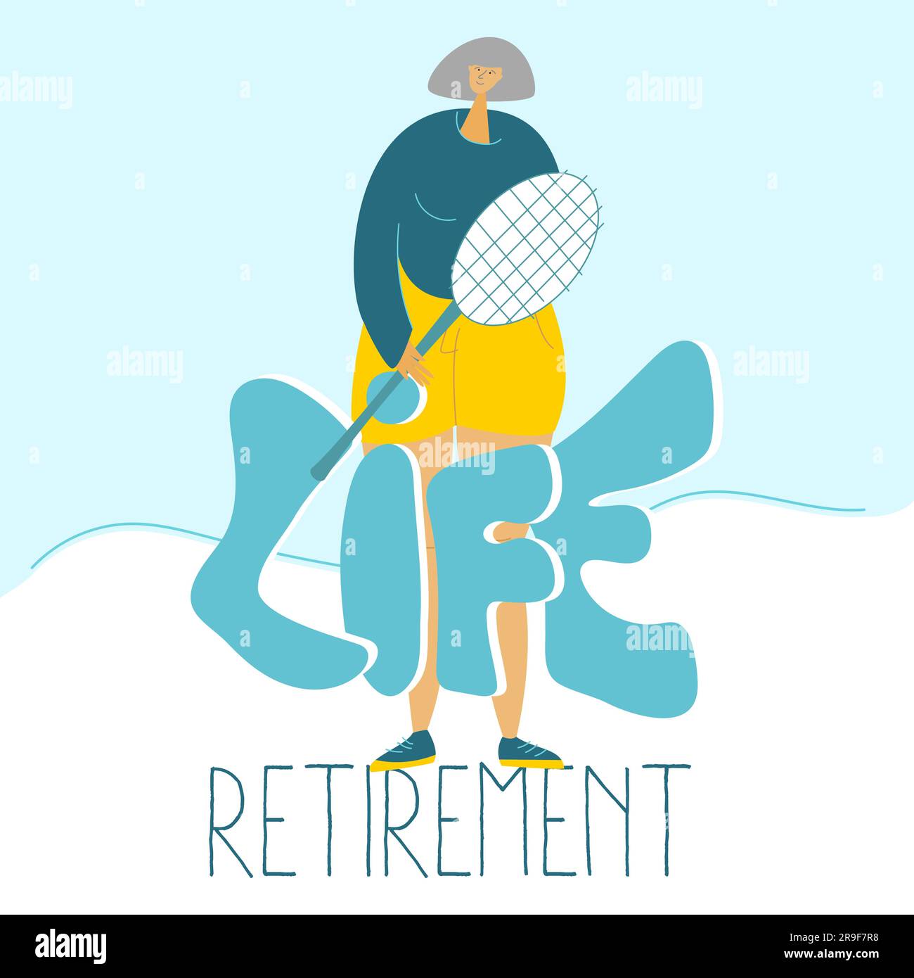 The happy elderly woman, silver senior with tennis racket and lettering ...