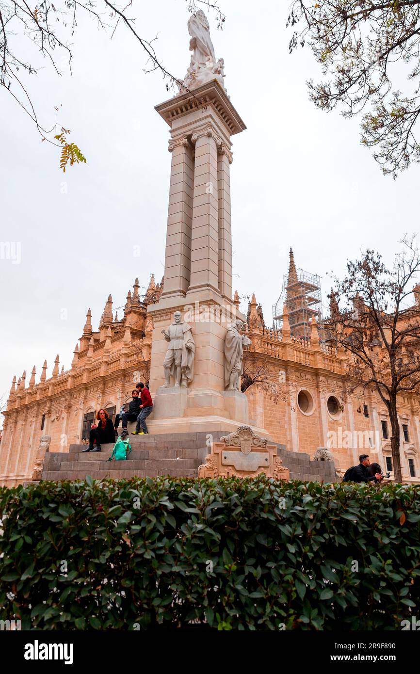 Seville, Spain-FEB 24, 2022: Column of Immaculate Conception with the ...
