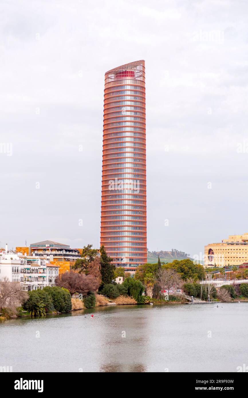 Seville, Spain-FEB 24, 2022: The Sevilla Tower known until 2015 as the ...