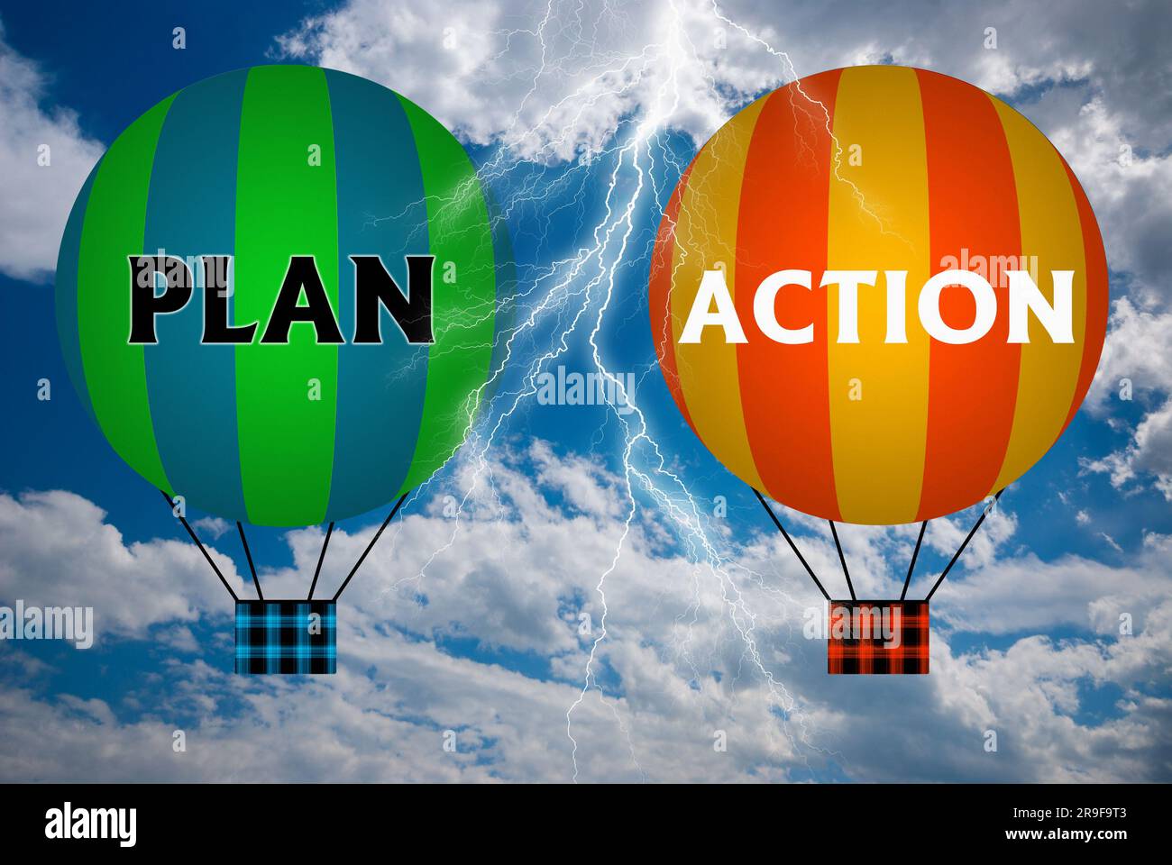 Hot air balloons with Plan and Action concept. Abstract background ...