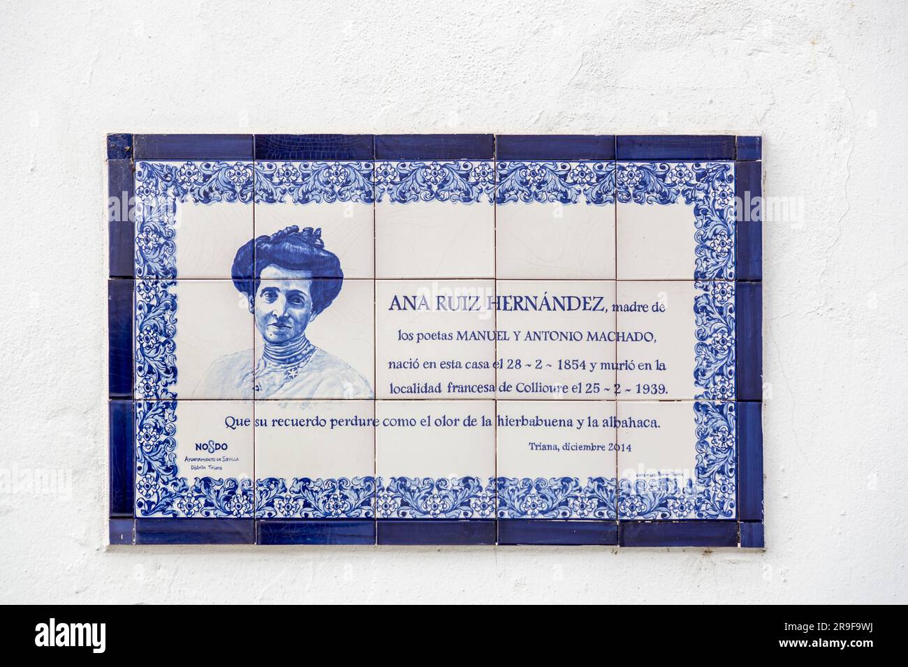 Seville, Spain-FEB 24, 2022: Ceramic tile signboard of the birth house ...