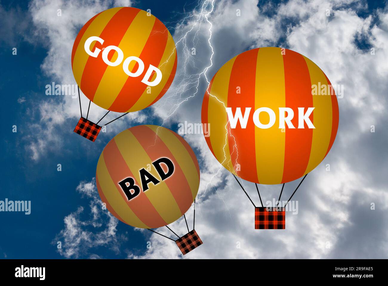 Hot air balloons with Good or bad work concept. Abstract background. 3d ...