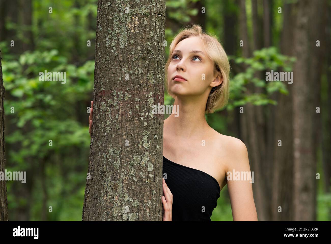 beautiful girl next to the tree in the forest Stock Photo - Alamy